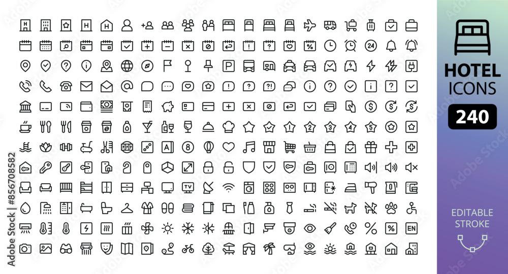 Hotel icons. Hotel room service icons. UI icons for hotel website and ...