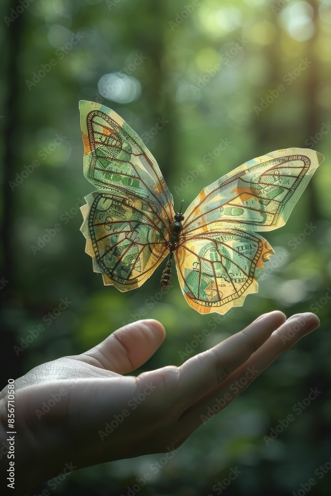 Hand releasing a butterfly made of dollar bills symbolizes the freedom ...