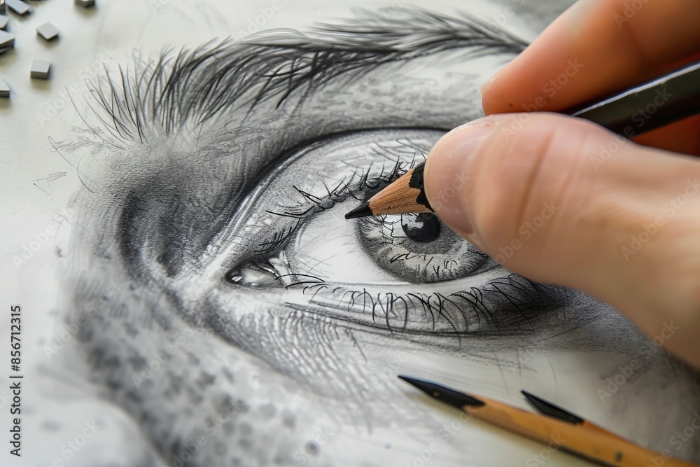 Graphite pencil sketching a detailed portrait, front view ...