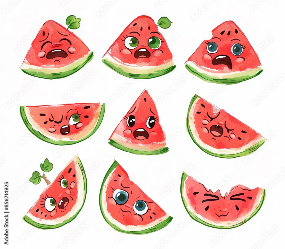 Cute and funny cartoon watermelon slices with various facial ...