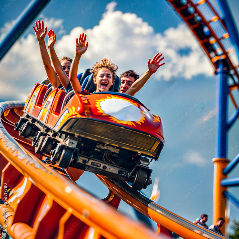 Group of people riding roller coaster at carnival or amusement park ...
