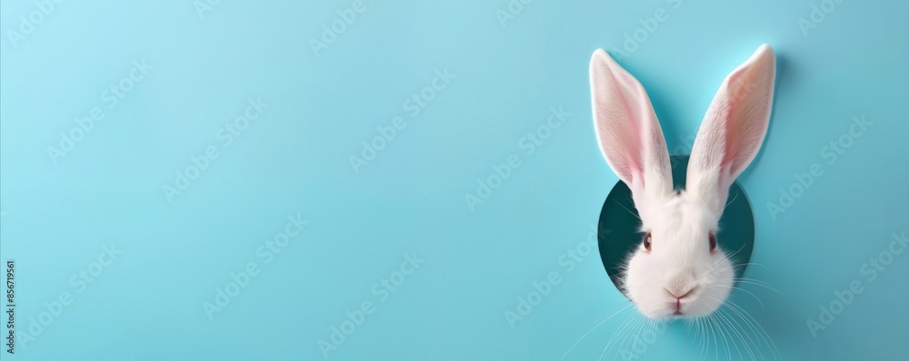 Adorable white rabbit peeking through a hole in a blue background ...