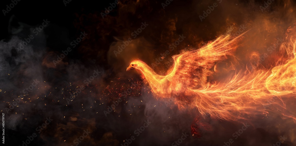 Artistic depiction of a fiery phoenix rising from the ashes ...