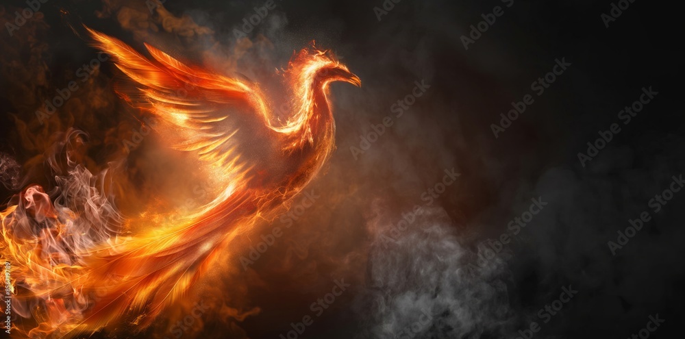 Artistic depiction of a fiery phoenix rising from the ashes ...