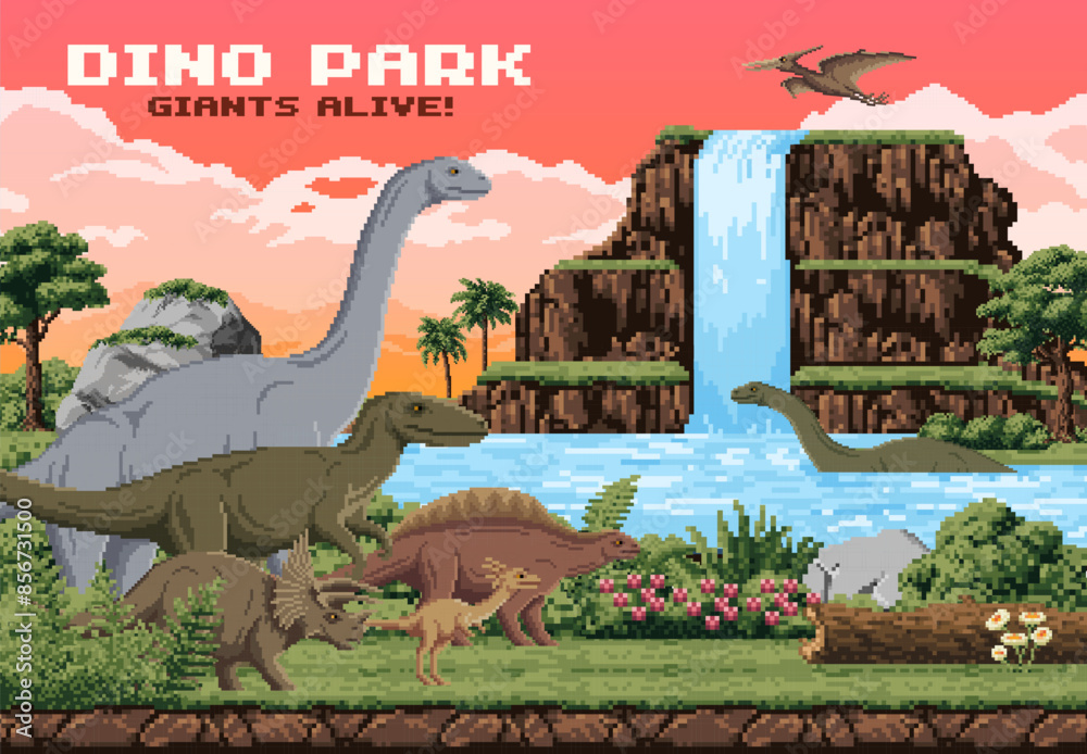 8 bit pixel art dinosaurs, arcade game landscape. Vector dino park with ...