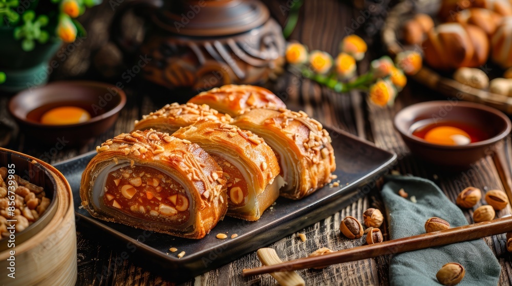 Moon cake with salted egg peanuts: A Chinese pastry filled with peanuts ...