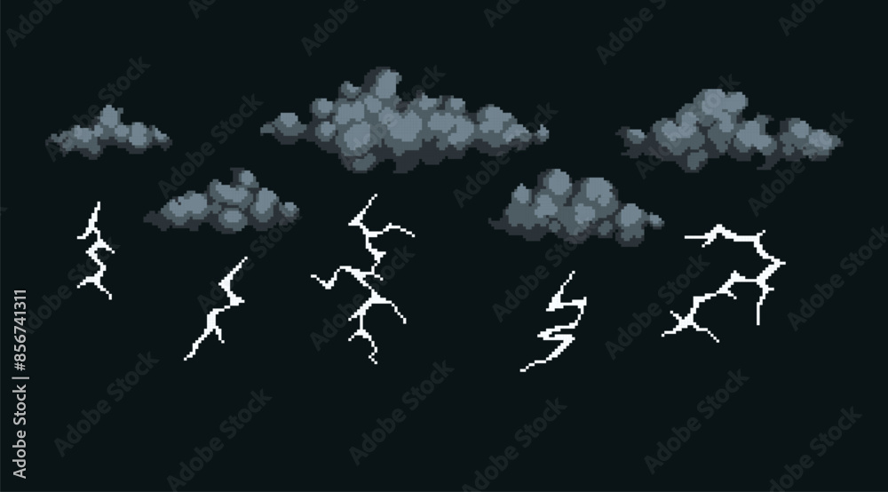 Thunder, gray clouds pixel art set. Rainy, dark thundercloud collection ...