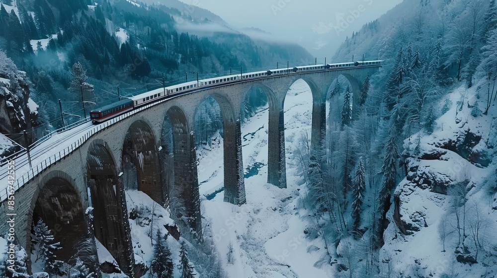 Scene with a train traversing a renowned mountain in Filisur ...