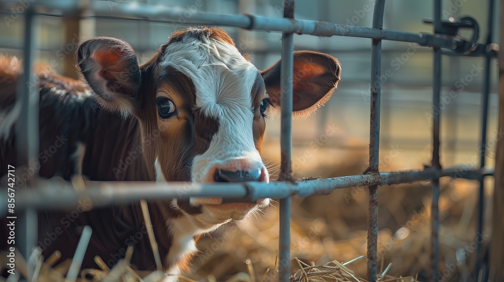 Calf cow in a cage, being cared for on a bio farm, fed with hay, grass ...