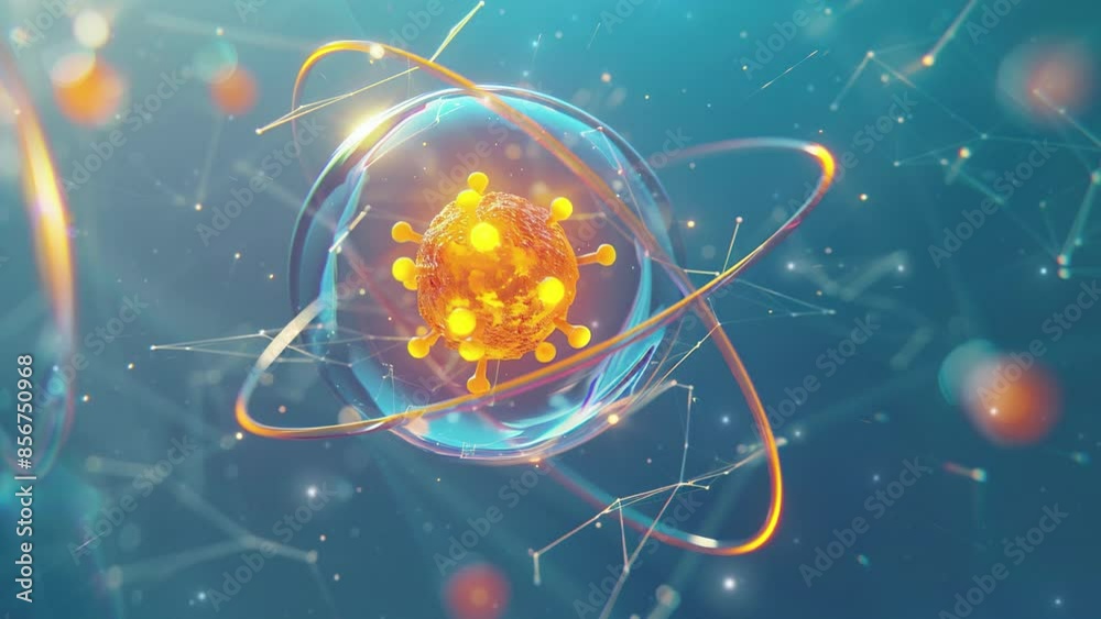 Abstract background with an atom. Atom structure with glowing particles ...