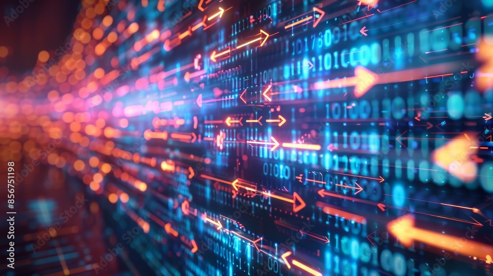 Dynamic Binary Code And Arrows Background Digital Binary Data Flow Visualization With Neon