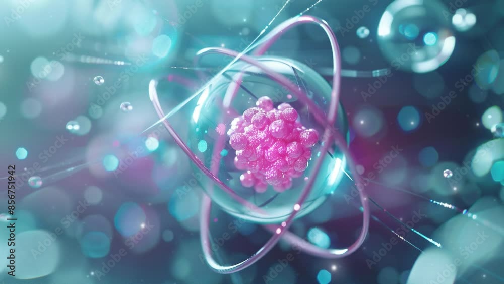 Abstract background with an atom. Atom structure with glowing particles ...