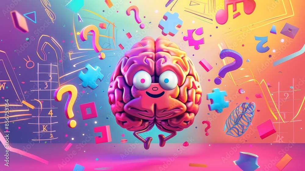 Happy brain character with musical notes - Whimsical illustration of an ...