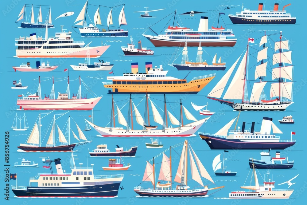 An illustration depicting a cartoon ship harbor with a carrier boat on ...