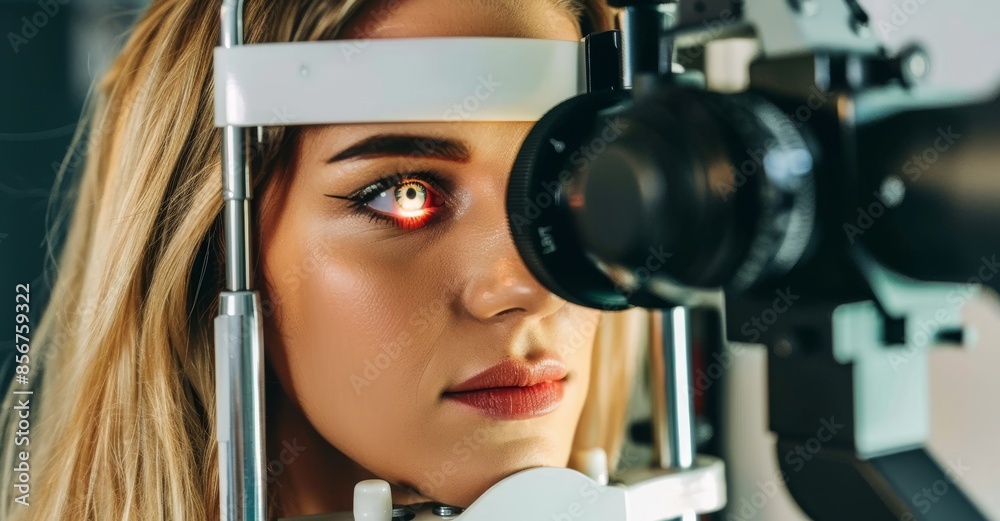 An eye exam with slit lamp, with a woman, optometry, and a slit lamp ...