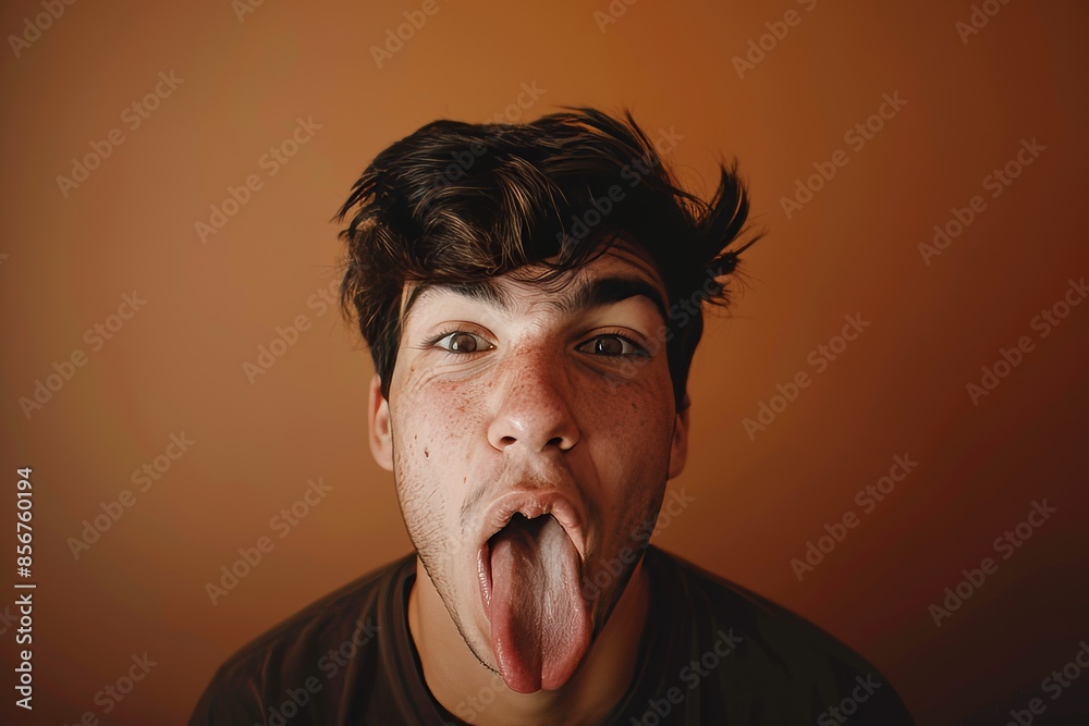 The face of a comic, emoji or happy comedian guy with a tongue and ...