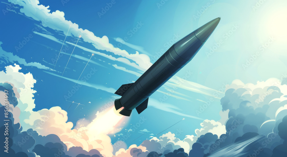 Cartoon illustration of a missile soaring through a vibrant blue sky ...