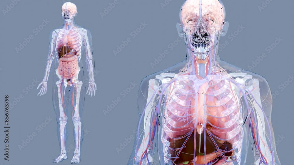 Human anatomy, internal organs and bones, loop animation, respiratory ...