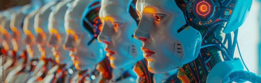 Work of a 3D Robot automated team in a factory with a futuristic ...