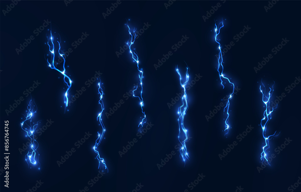 Light blue isolated vector lightning png. Realistic natural neon ...