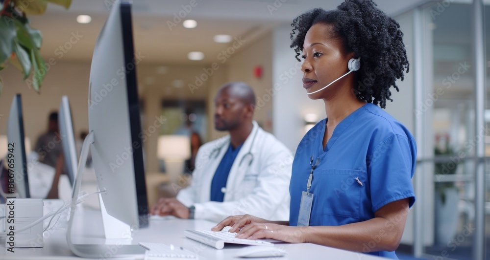 Nurse in blue scrubs and headset working on computer at hospital ...