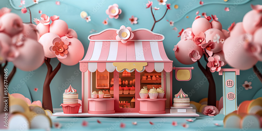 cake shop papercraft paper cut illustration cartoon scenery Stock ...
