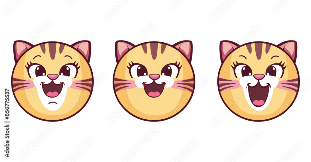 Set of icons with cat faces and different emotions. Cute kitten, kitty ...