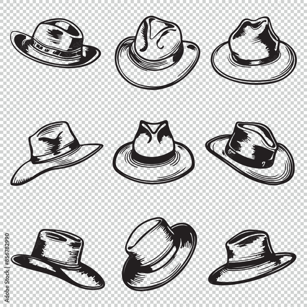 Simple hat set, black vector illustration on transparent background ...