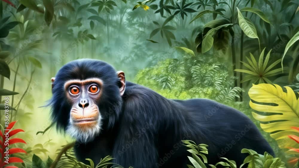 Chimpanzee in the Lush Jungle. Animated Illustration of a Chimpanzee in ...