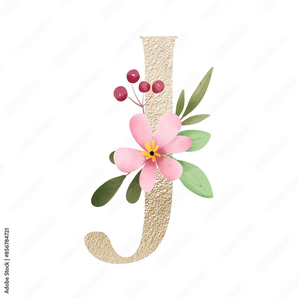 Letter J gold floral monogram with watercolor flowers and leaf. Golden ...