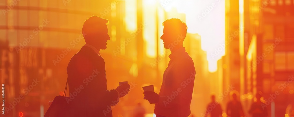 Open-air business networking, exchanging business cards, city skyline ...