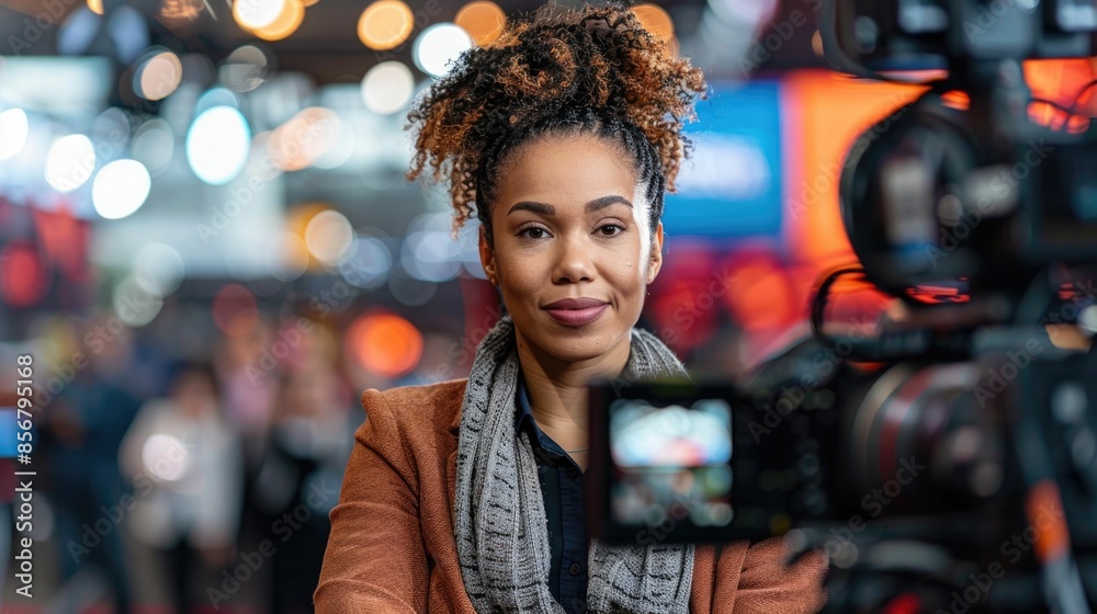 Confident and focused African woman journalist or news reporter ...