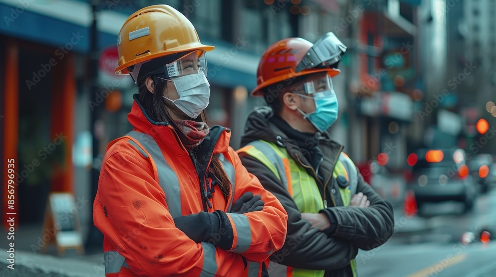 Two construction workers wearing hard hats, reflective vests, and face ...