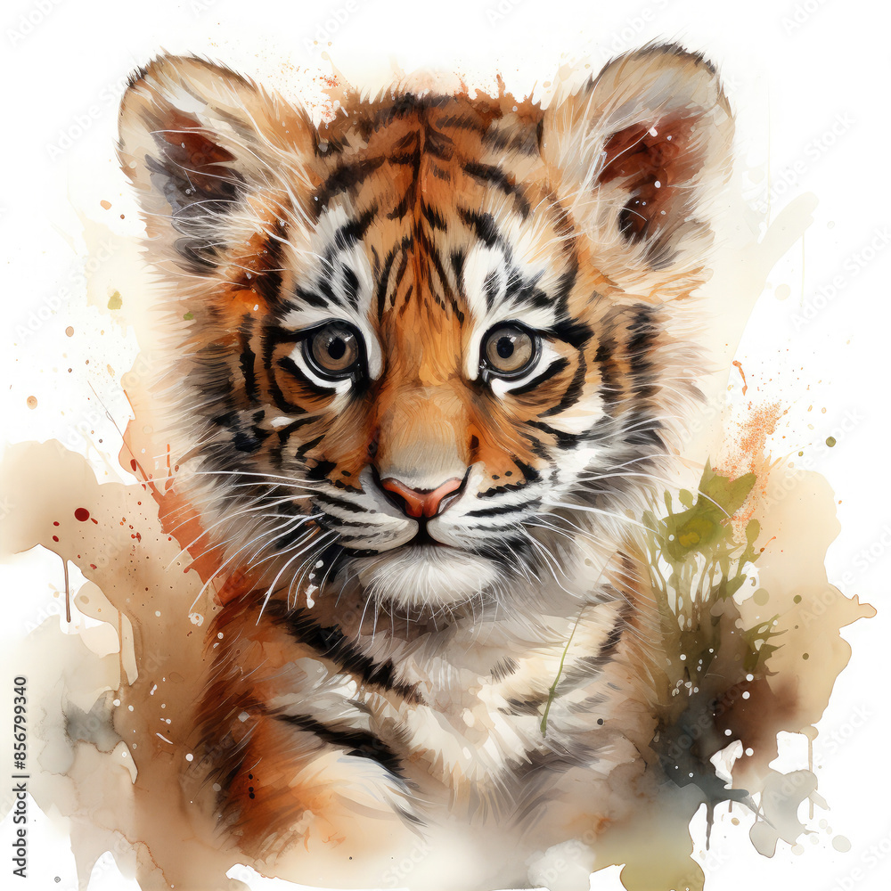 Watercolor illustration tiger cub lion cub stains splashes, children's ...