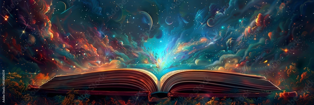 Cosmic illustration with an open book - A digital artwork depicting an ...