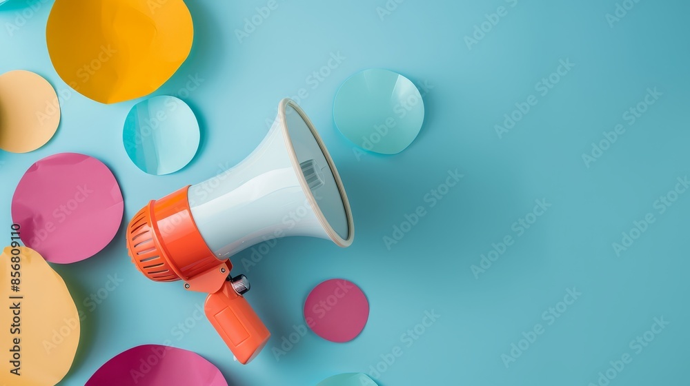 Megaphone with colorful paper cutouts - Flat lay shot featuring an ...