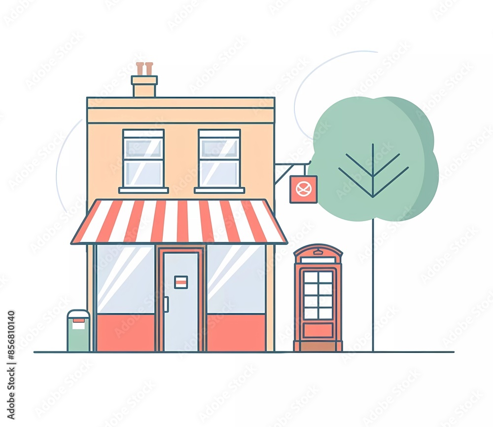 modern line art vector of small shop front with awning and red ...