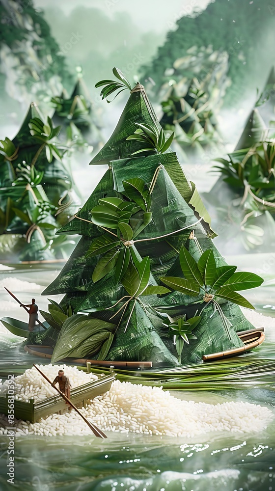 A miniature boat navigates through a sea of white rice, passing by a ...