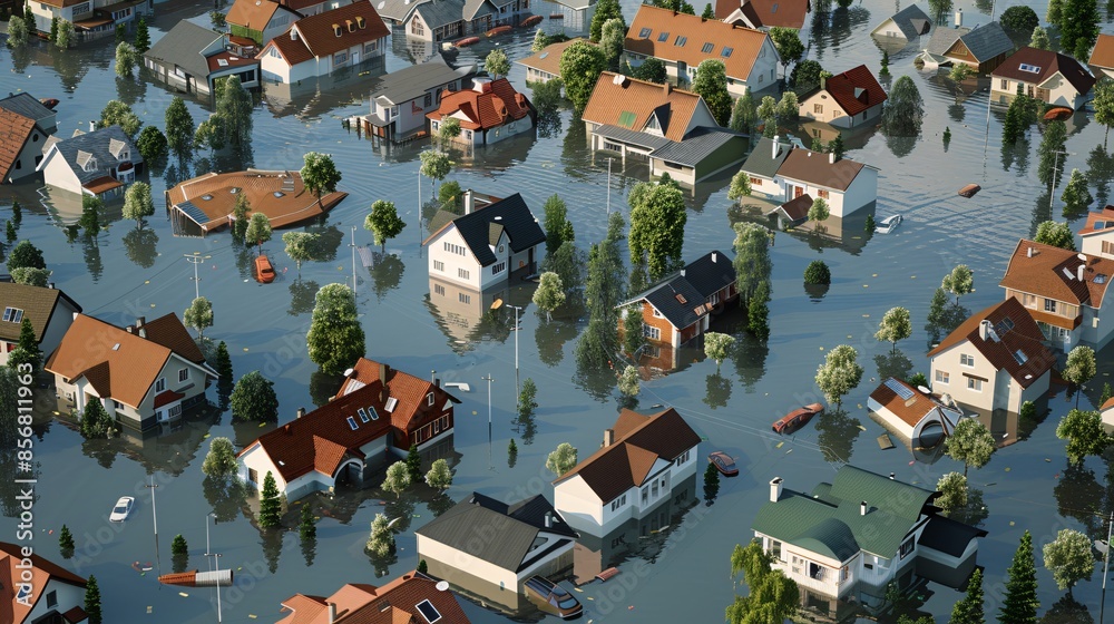 A highly detailed 3D model of a devastating flood, with water ...
