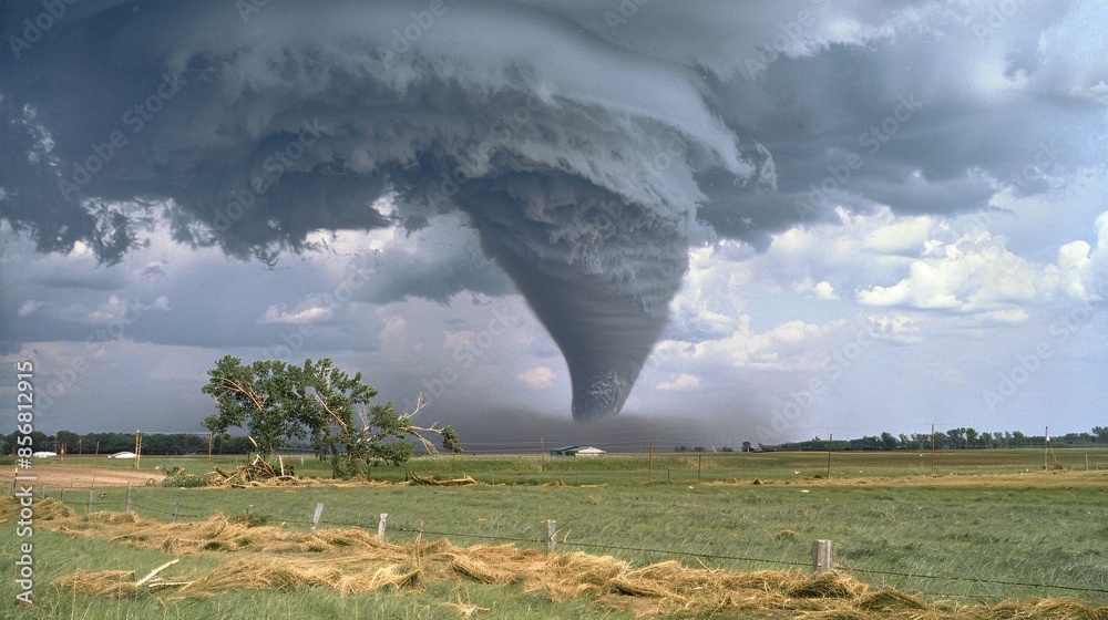 A highly detailed photograph of a tornado touching down in a rural ...