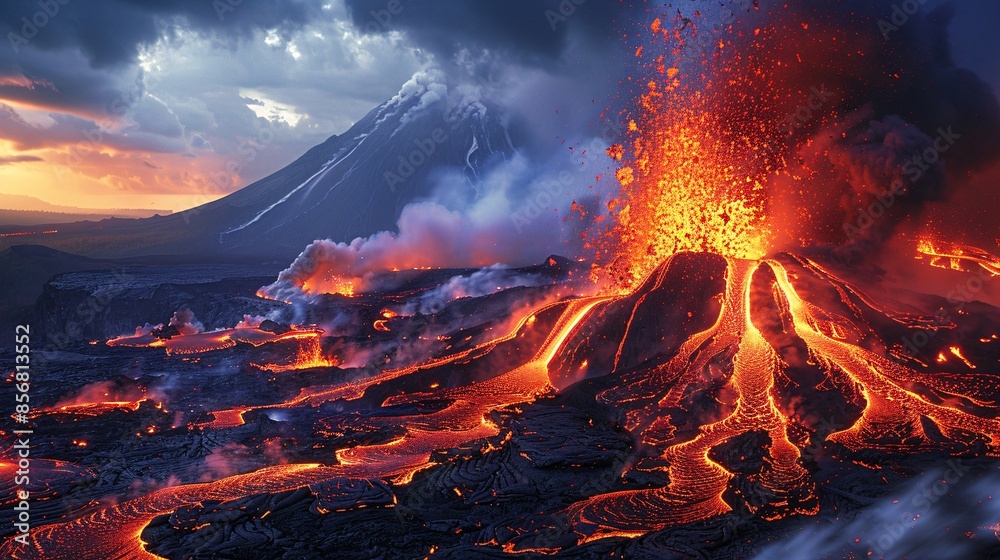 A highly detailed photograph of a volcanic eruption, with molten lava ...