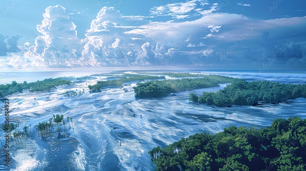 An ultra-sharp and clear image of a coastal area with mangrove ...