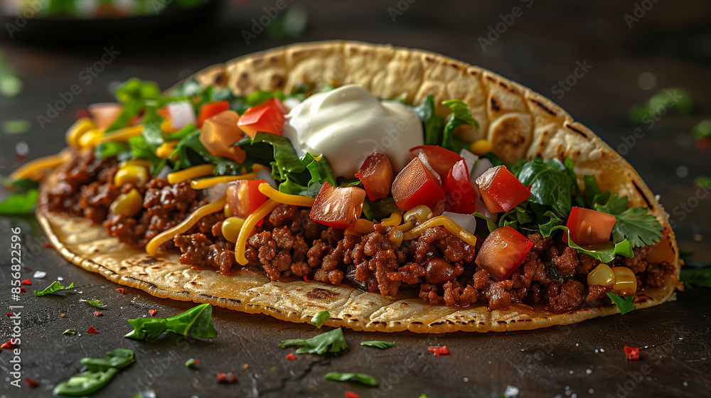 A photo realistic taco filled with seasoned beef, shredded lettuce ...
