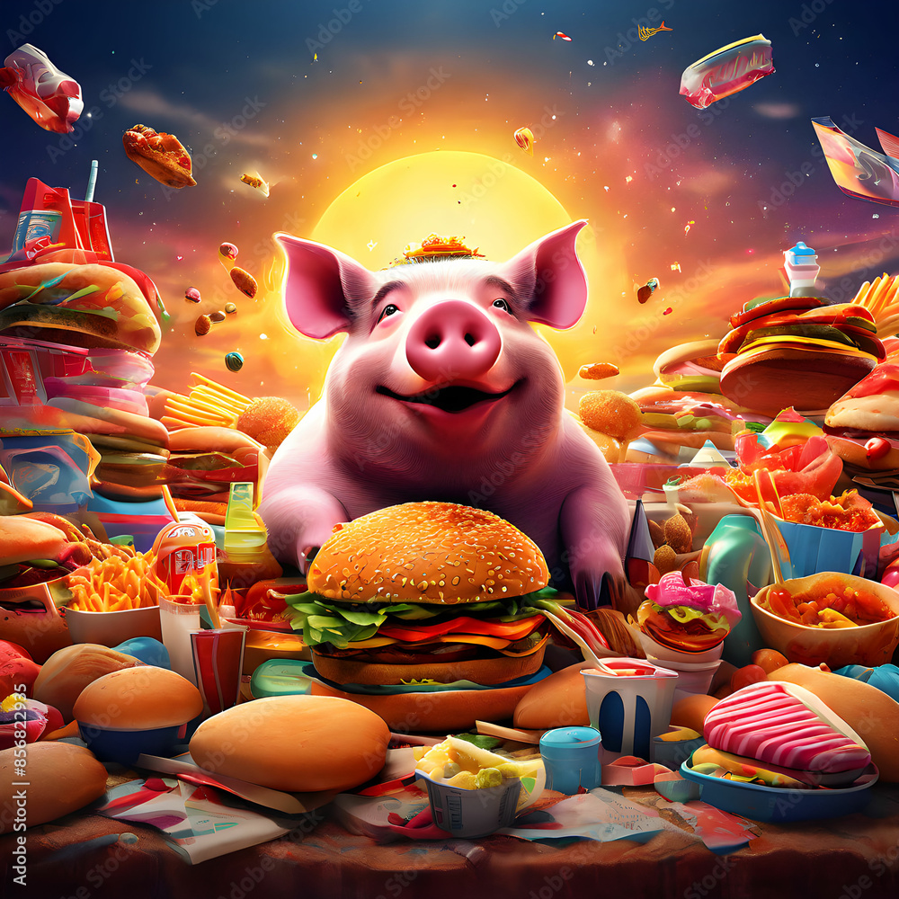 A pig surrounded by various junk food items. The pig is joyfully ...