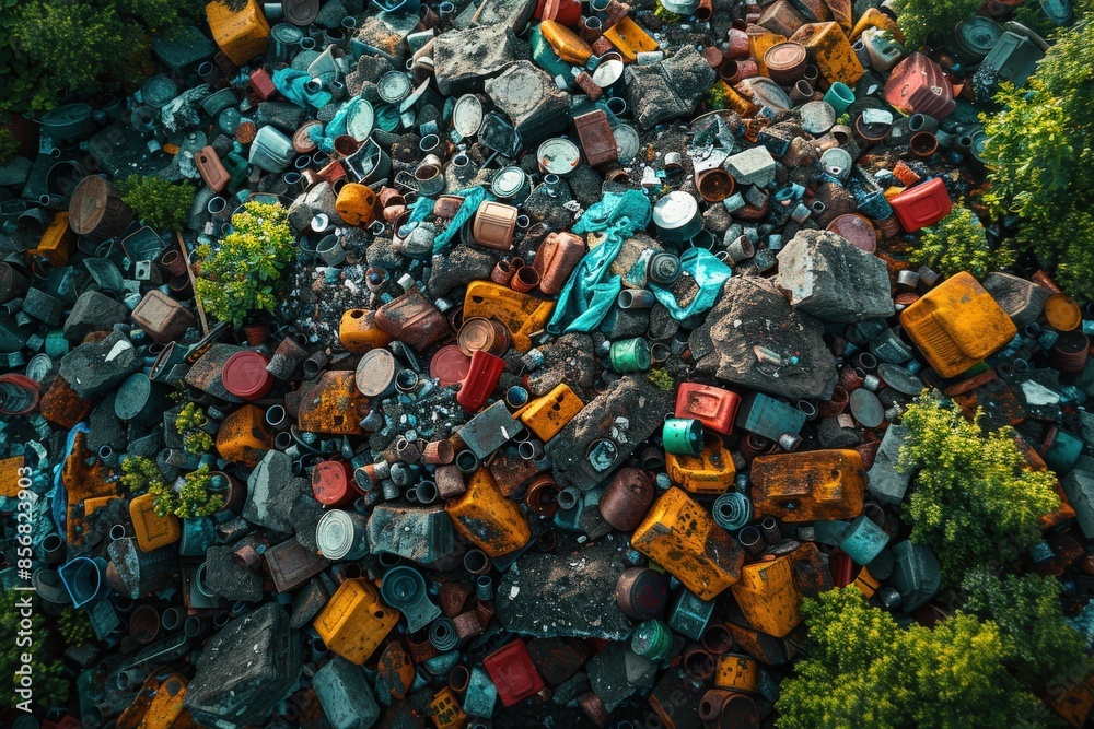 An aerial perspective of a colorful waste landfill intermingled with ...