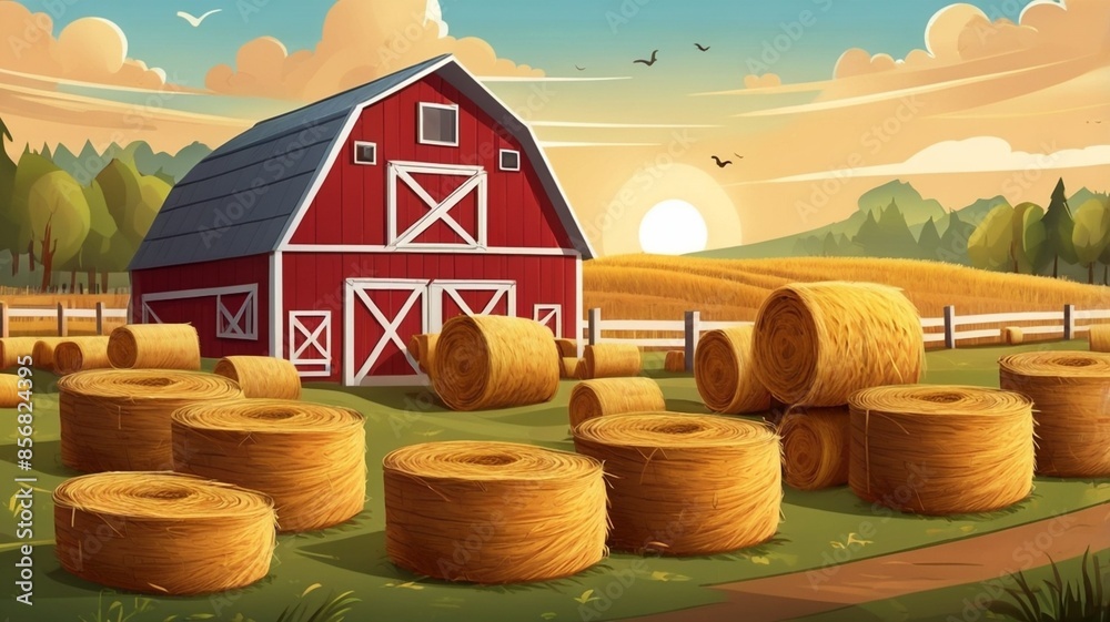 Farm-themed cartoon barn design featuring straw bales and hay piles ...