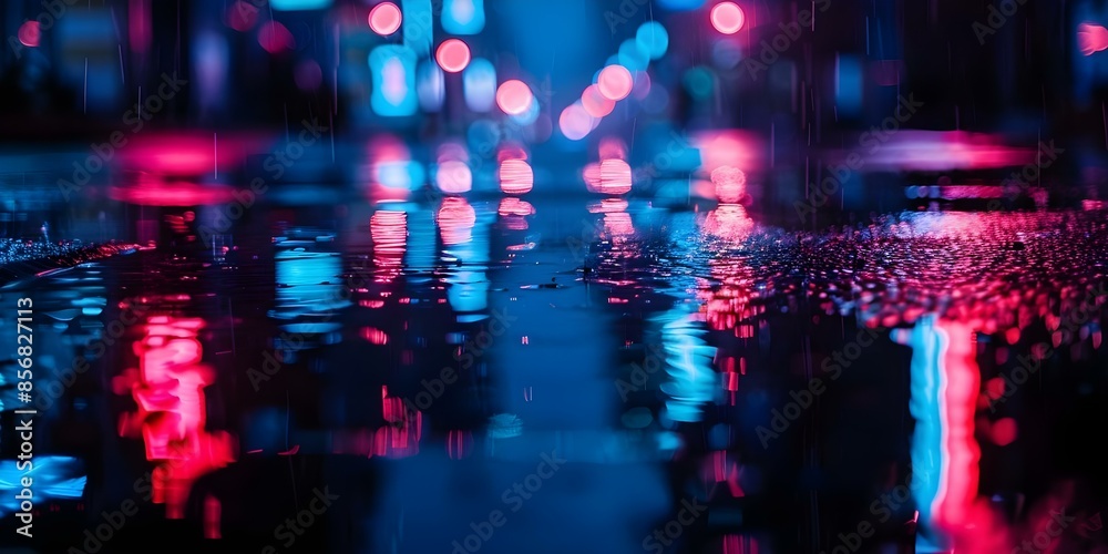 Dark wet street reflects neon lights creating an eerie mysterious ...