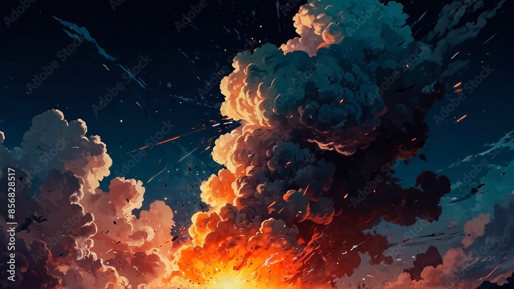 Anime style epic nuclear explosion background, cartoon blast with smoke ...