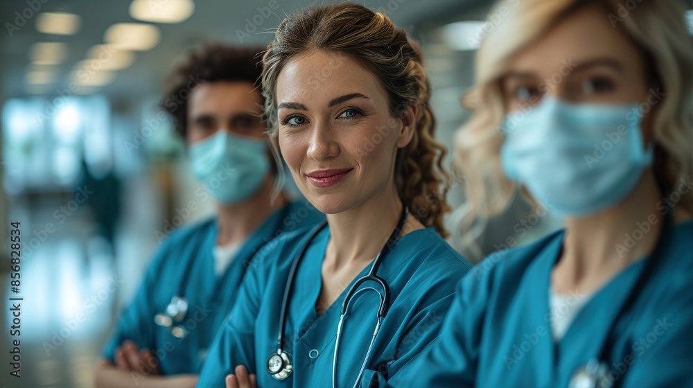Foto de Confident nurse team in blue scrubs and stethoscope portrait ...