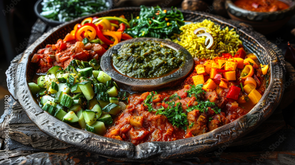 Ethiopian Injera Platter with Stews and Vegetables. A traditional ...